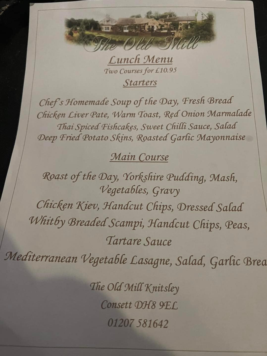 Menus - The Old Mill, Knitsley