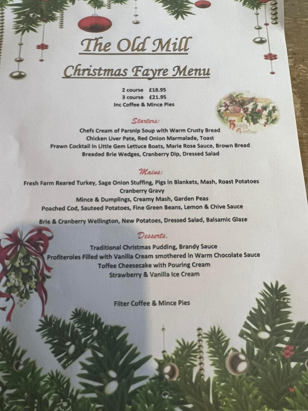 Menus - The Old Mill, Knitsley