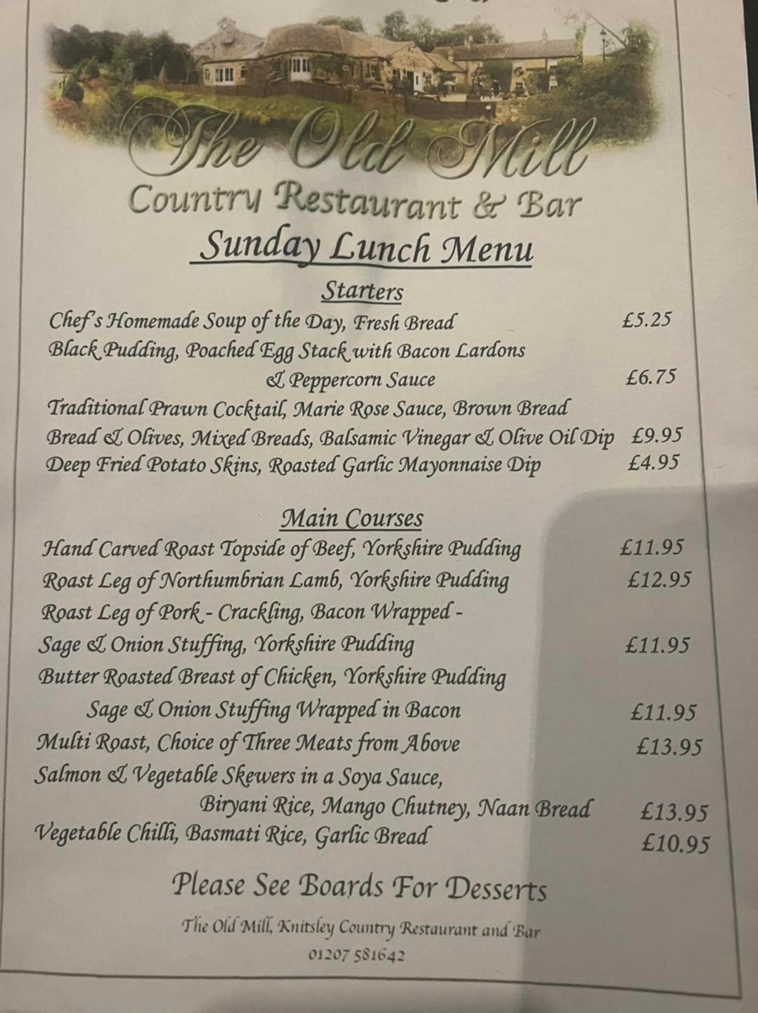 Menus The Old Mill Knitsley